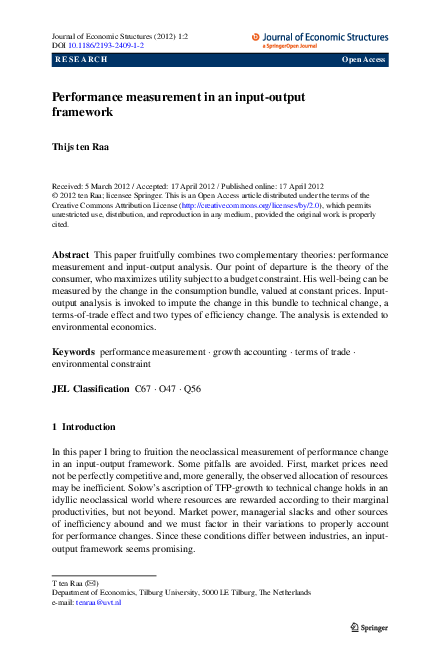 Pdf Performance Measurement In An Input Output Framework