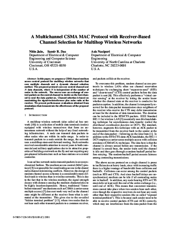 (PDF) A Multichannel CSMA MAC Protocol With Receiver-Based Channel Selection for Multihop ...