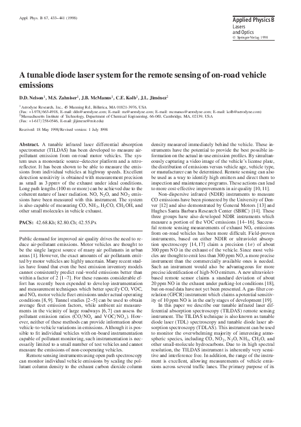 A tunable diode laser system for the remote sensing of on-road vehicle ...