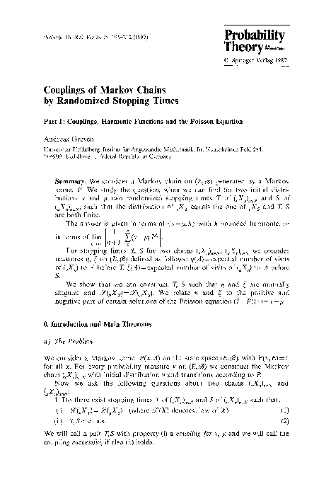 (PDF) Couplings of Markov chains by randomized stopping times