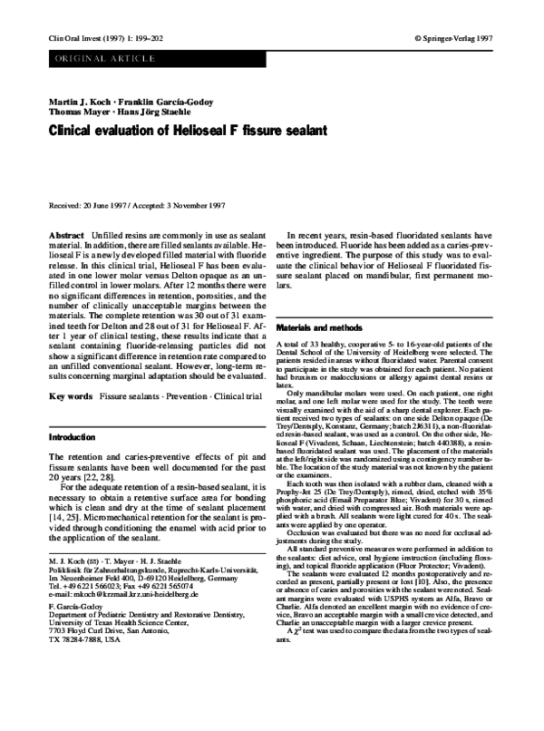 (PDF) Clinical evaluation of Helioseal F fissure sealant