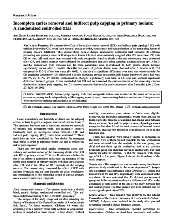 (PDF) Incomplete caries removal and indirect pulp capping in primary ...