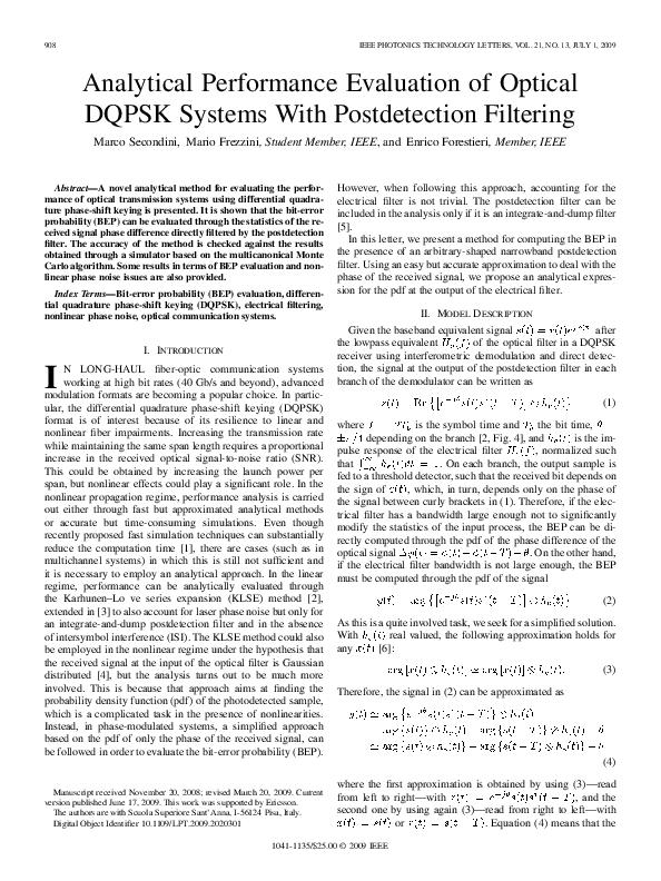 (PDF) Analytical Performance Evaluation of Optical DQPSK Systems With ...