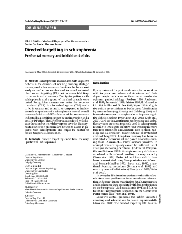 (PDF) Directed forgetting in schizophrenia