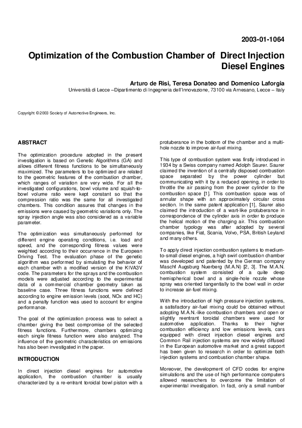 (PDF) Optimization of the Combustion Chamber of Direct Injection Diesel ...