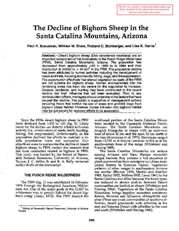 (PDF) The Decline of Bighorn Sheep in the Santa Catalina Mountains, Arizona