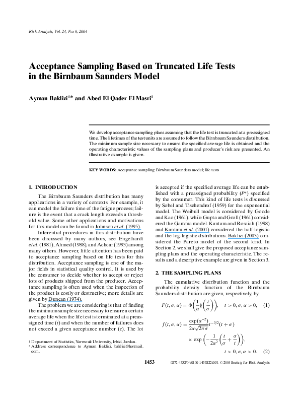 (PDF) Acceptance Sampling Based on Truncated Life Tests in the Birnbaum ...