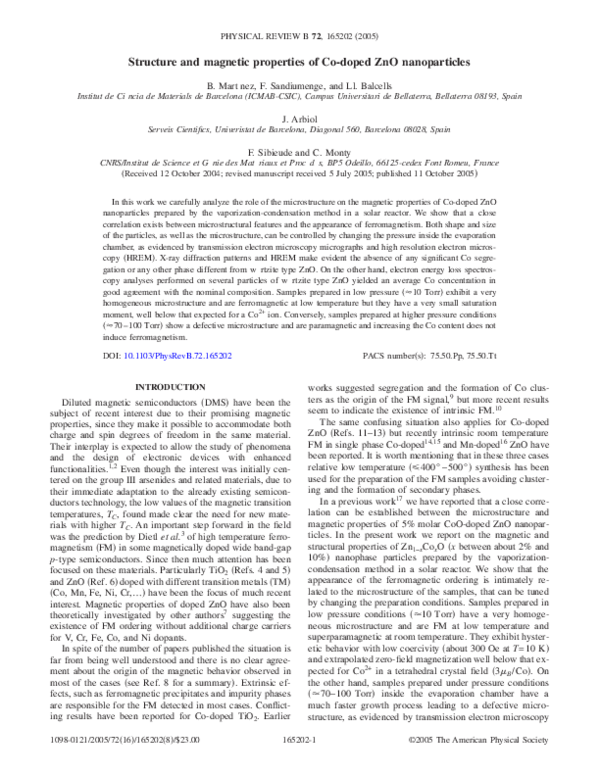 (PDF) Structure and magnetic properties of Co-doped ZnO nanoparticles | Jordi Arbiol - Academia.edu