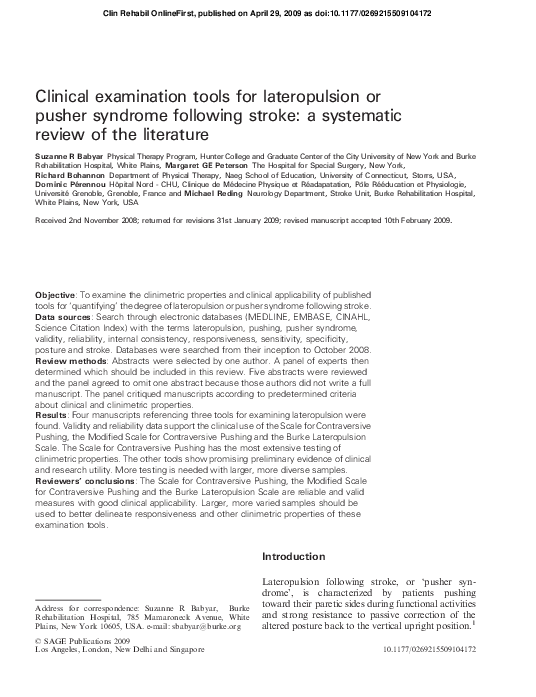 (PDF) Clinical examination tools for lateropulsion or pusher syndrome ...