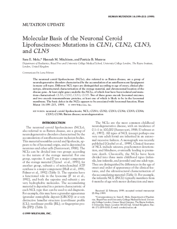 (PDF) Molecular basis of the neuronal ceroid lipofuscinoses: Mutations ...