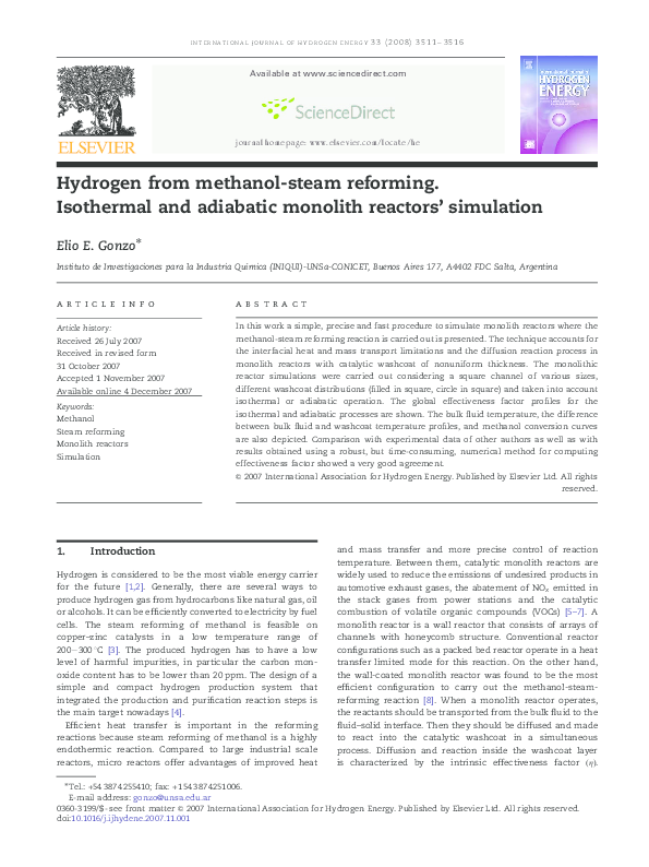 (PDF) Hydrogen from methanol-steam reforming. Isothermal and adiabatic ...
