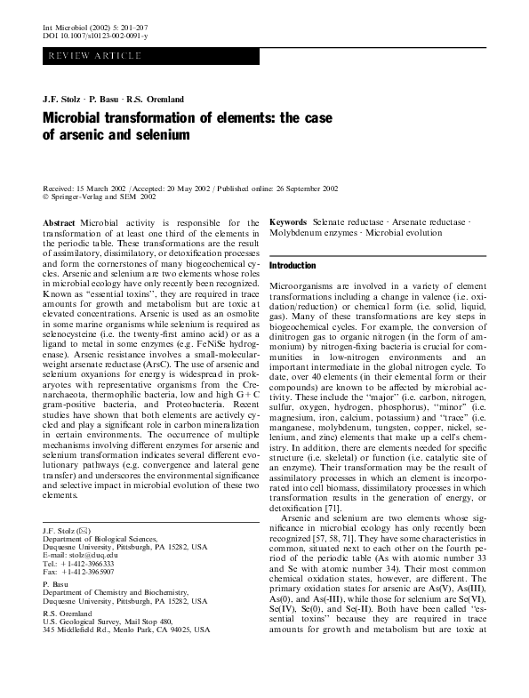 (PDF) Microbial transformation of elements: the case of arsenic and ...