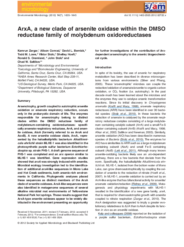 (PDF) ArxA, a new clade of arsenite oxidase within the DMSO reductase ...