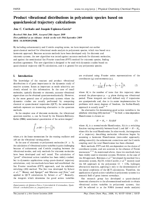Pdf Product Vibrational Distributions In Polyatomic Species Based On Quasiclassical Trajectory