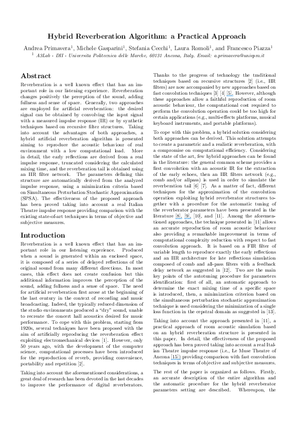 Pdf Hybrid Reverberation Algorithm A Practical Approach