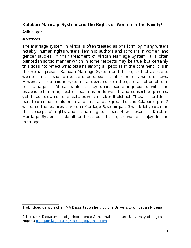 (DOC) Kalabari Marriage System and the Rights of Women in the Family1