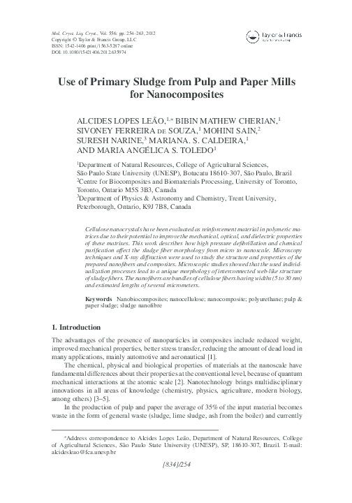 (PDF) Use of Primary Sludge from Pulp and Paper Mills for Nanocomposites