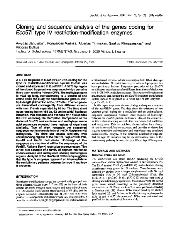 (PDF) Cloning and sequence analysis of the genes coding for Eco57l type IV restriction ...