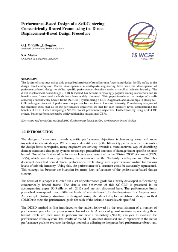 (PDF) Performance-Based Design of a Self-Centering Concentrically Braced Frame using the Direct ...