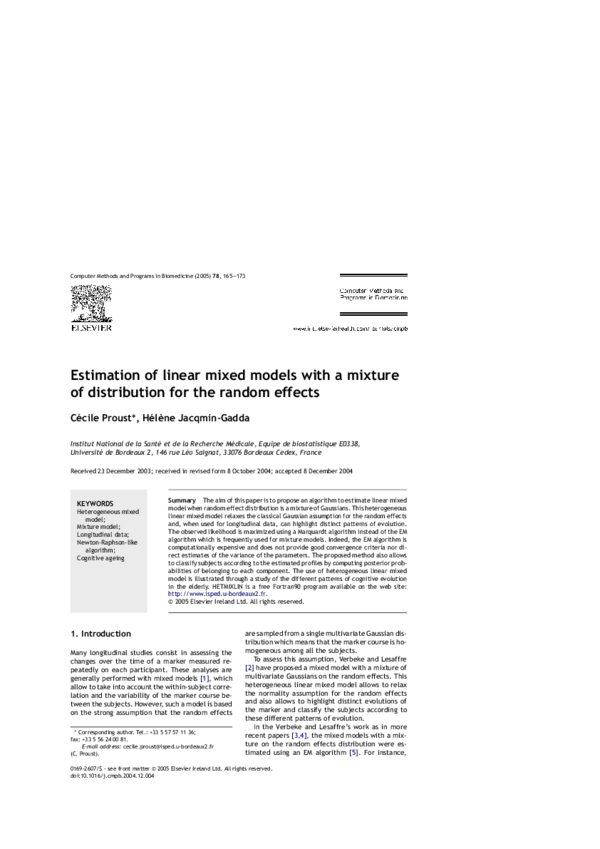 Pdf Estimation Of Linear Mixed Models With A Mixture Of Distribution For The Random Effects