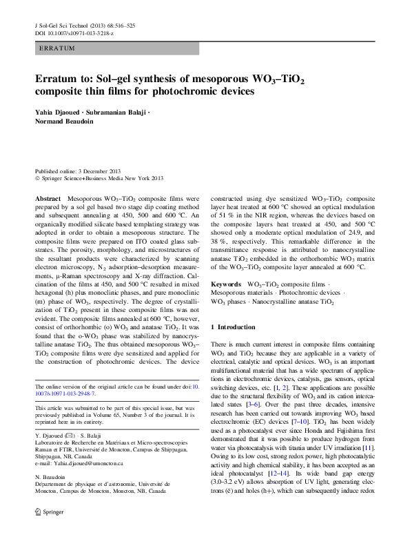 (PDF) Sol–gel synthesis of mesoporous WO3–TiO2 composite thin films for photochromic devices