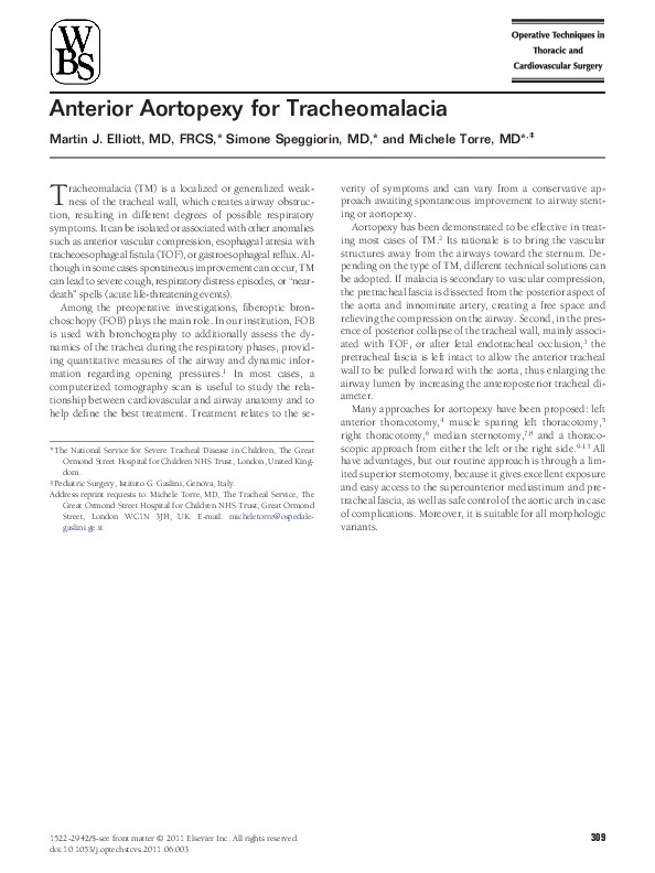 (PDF) Anterior Aortopexy for Tracheomalacia