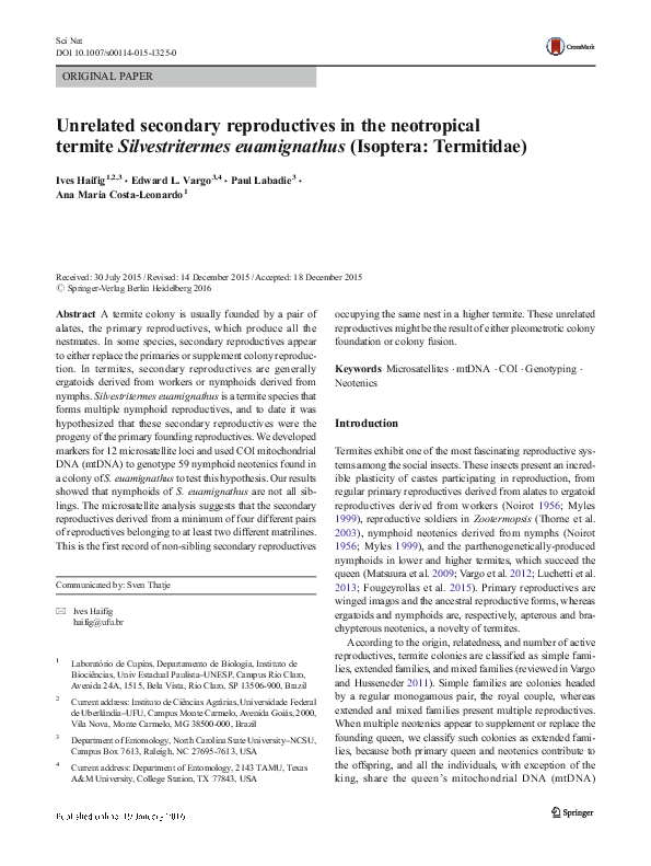(PDF) Unrelated secondary reproductives in the neotropical termite ...