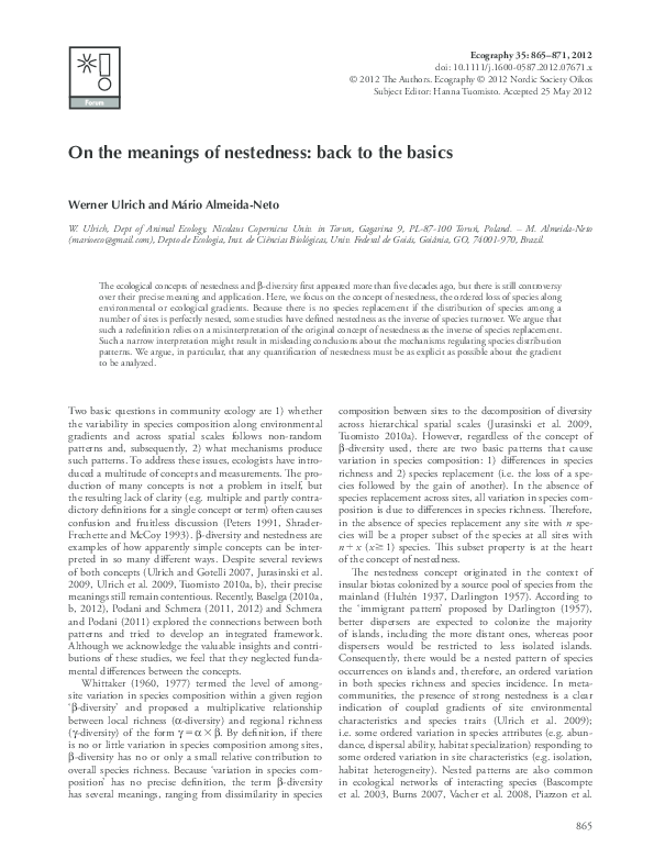 (PDF) On the meanings of nestedness: back to the basics