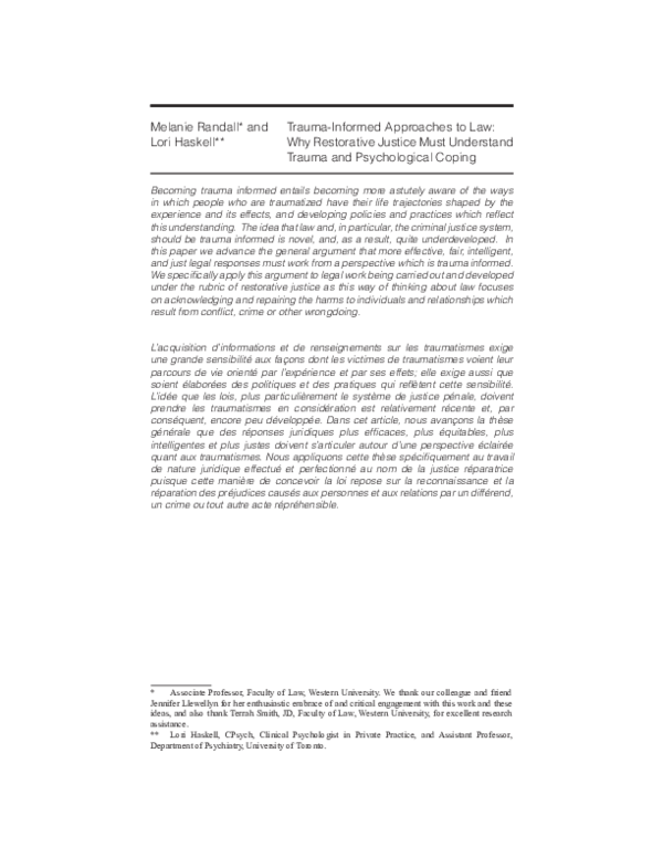 (PDF) Trauma-Informed Approaches to Law: Why Restorative Justice Must Understand Trauma and ...