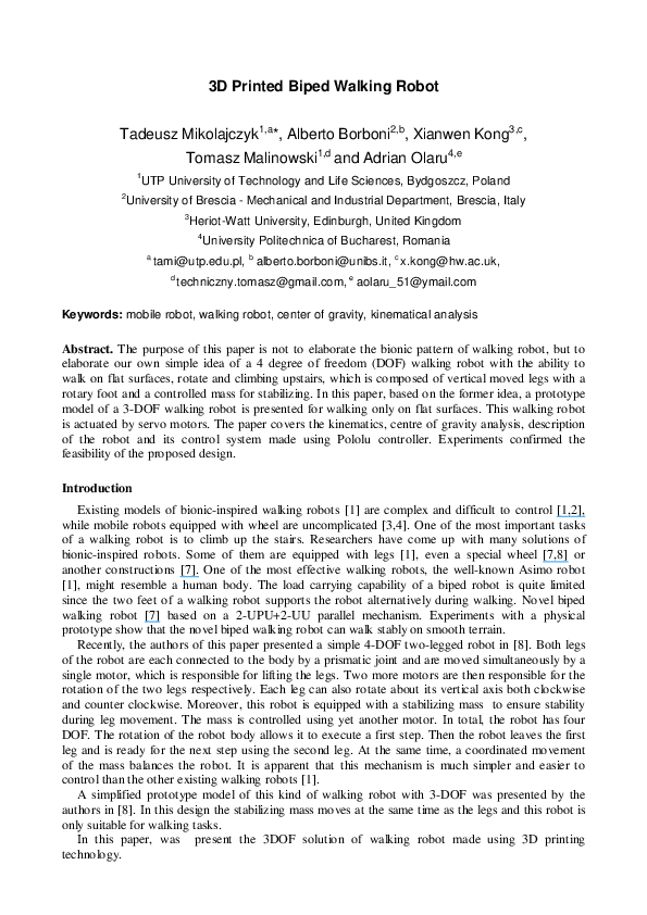(PDF) 3D Printed Biped Walking Robot