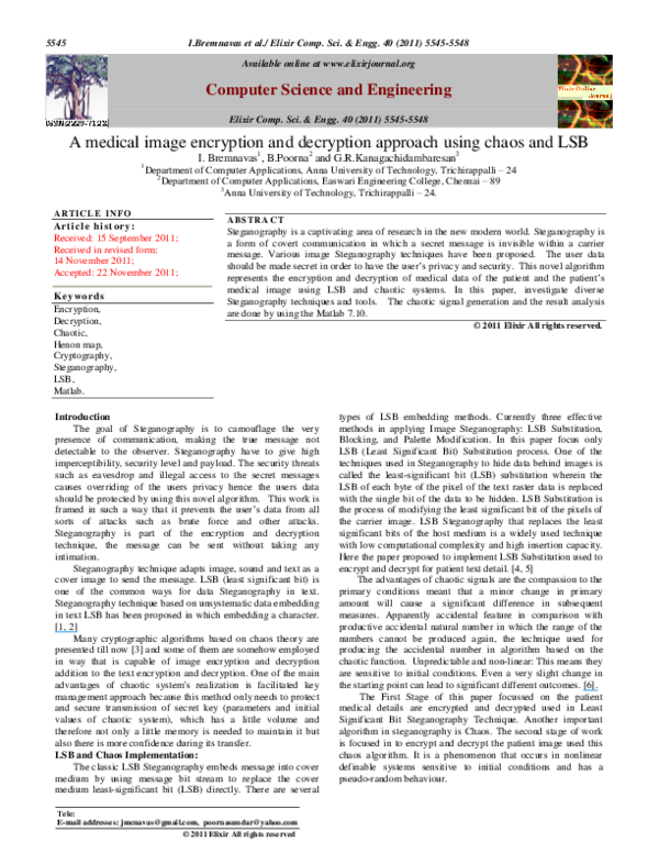 (PDF) “A medical image encryption and decryption approach using chaos and LSB”