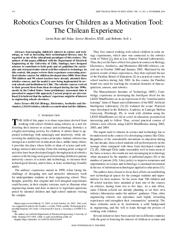 (PDF) Robotics Courses for Children as a Motivation Tool: The Chilean ...
