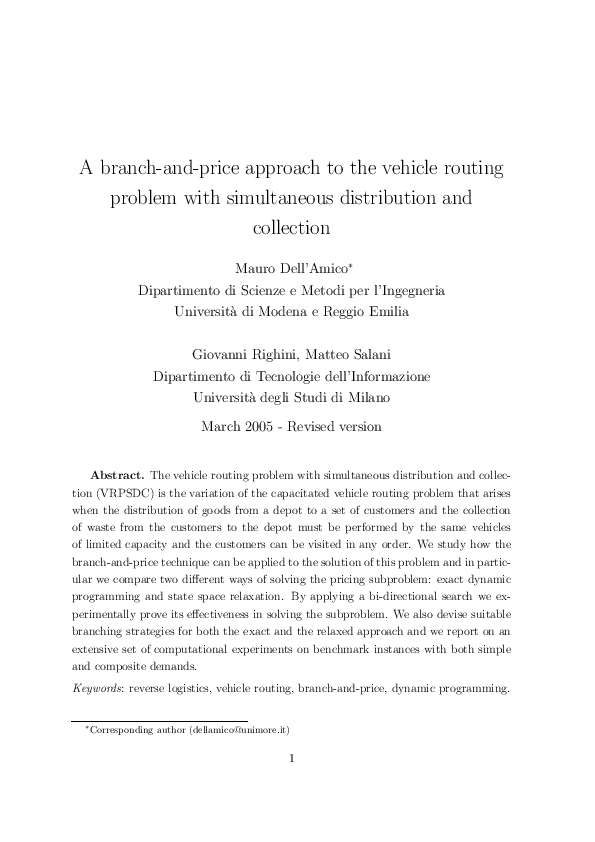 Pdf A Branch And Price Approach To The Vehicle Routing Problem With Simultaneous Distribution