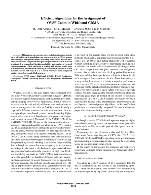Pdf Efficient Algorithms For The Assignment Of Ovsf Codes In Wideband