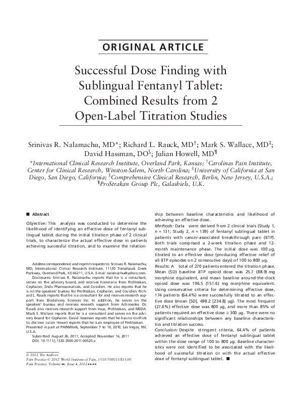 (PDF) Successful dose finding with sublingual fentanyl tablet: combined ...