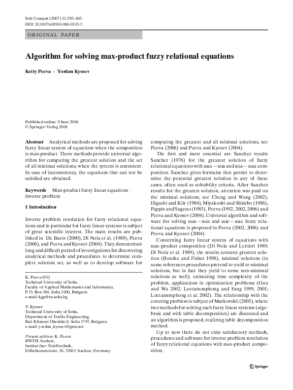 (PDF) Algorithm for Solving Max-product Fuzzy Relational Equations