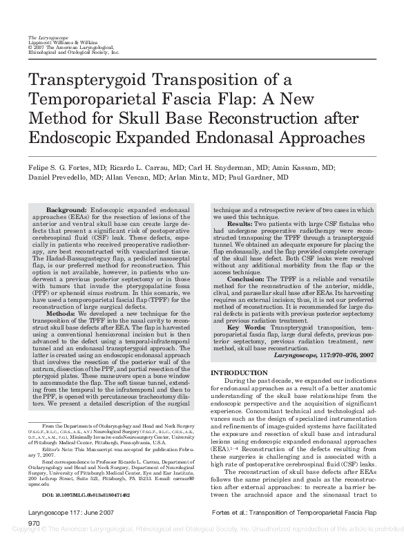 (PDF) Transpterygoid Transposition of a Temporoparietal Fascia Flap: A New Method for Skull Base ...