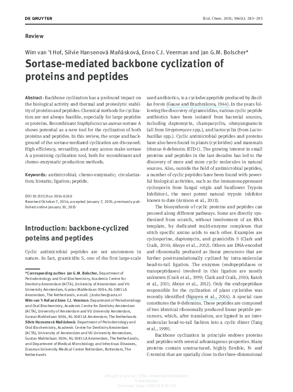 (PDF) Sortase-mediated backbone cyclization of proteins and peptides | Wim van ’T Hof - Academia.edu