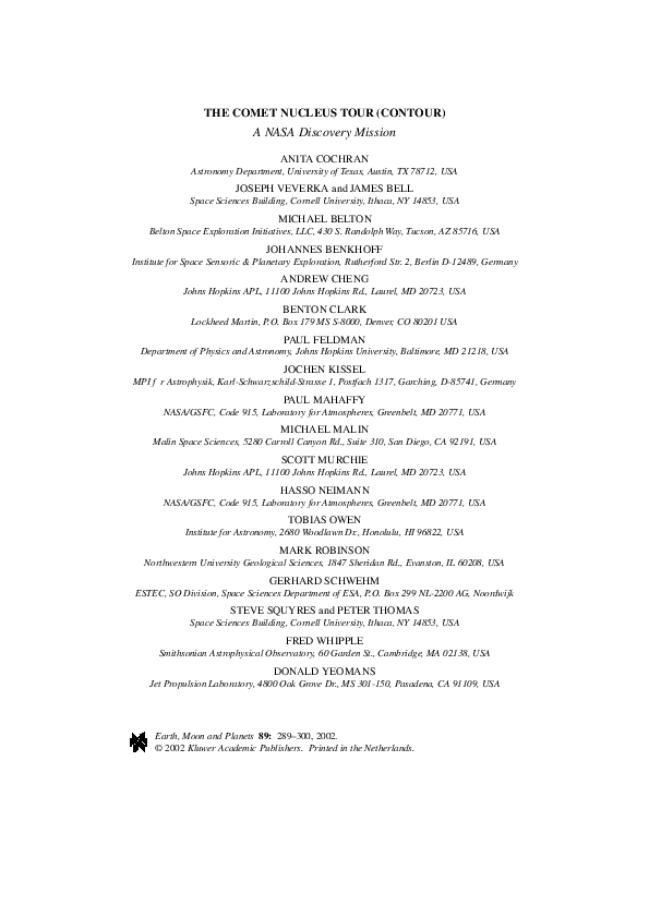 (PDF) The Comet Nucleus Tour (Contour); A NASA Discovery Mission