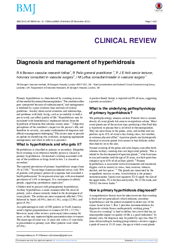 (PDF) Diagnosis and management of hyperhidrosis