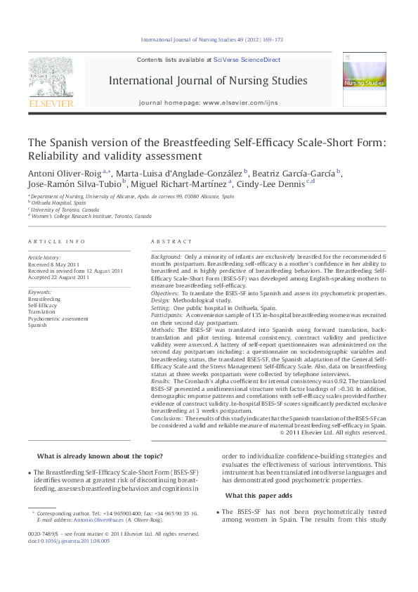 (PDF) The Spanish version of the Breastfeeding Self-Efficacy Scale ...