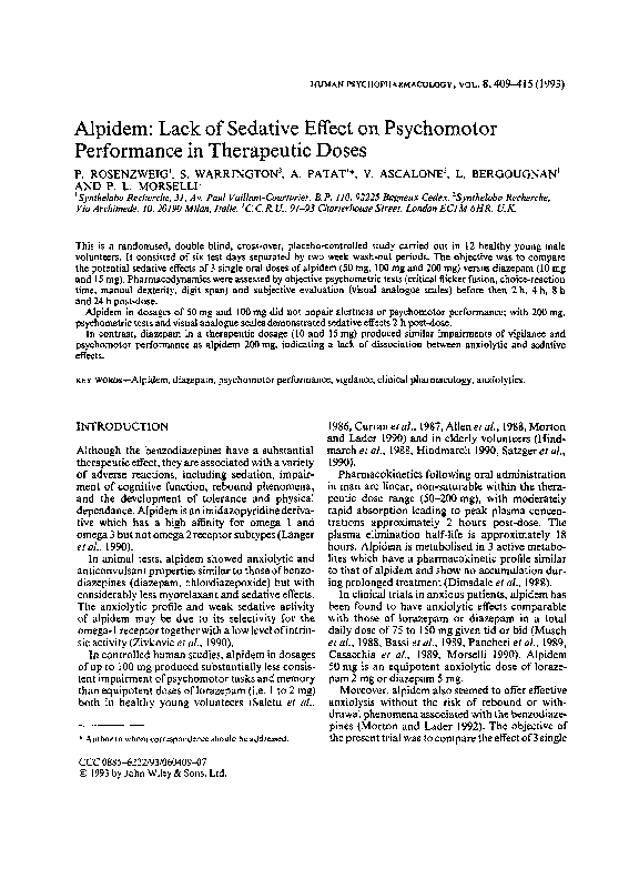 (PDF) Alpidem: Lack of sedative effect on psychomotor performance in ...