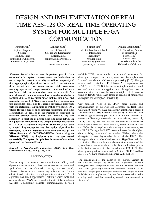 (PDF) Design and implementation of real time AES-128 on real time operating system for multiple ...