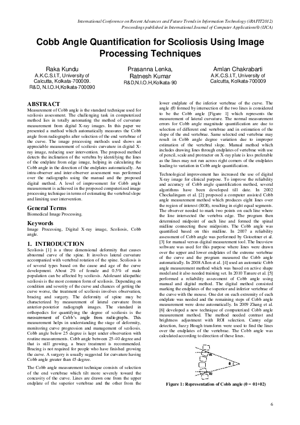 (PDF) Cobb Angle Quantification for Scoliosis using Image Processing Techniques