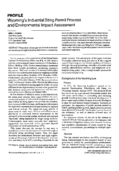 (PDF) Wyoming's industrial siting permit process and environmental ...