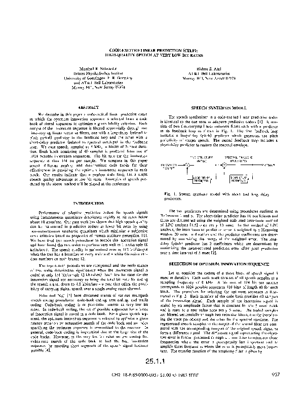 Pdf Code Excited Linear Prediction Celp High Quality Speech At Very Low Bit Rates