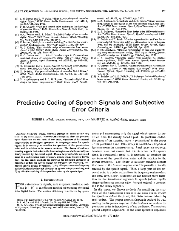 (PDF) Predictive coding of speech signals and subjective error criteria