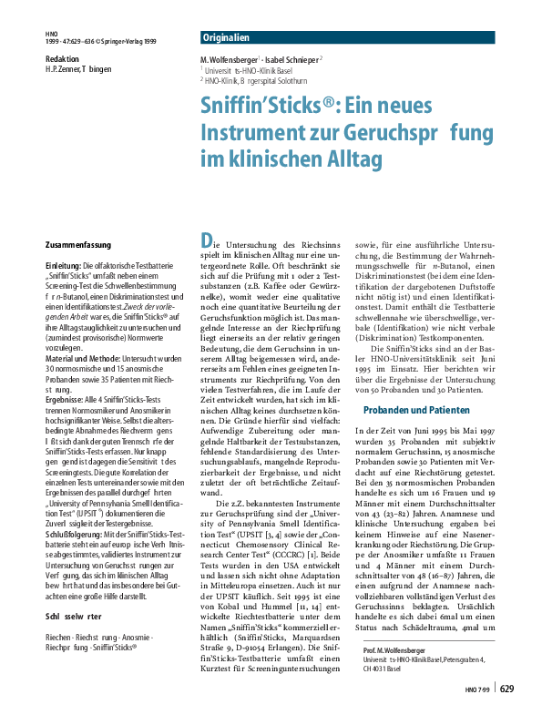(PDF) Sniffin Sticks : Ein neues Instrument zur Geruchspr fung im ...
