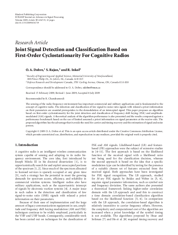 Pdf Joint Signal Detection And Classification Based On First Order Cyclostationarity For