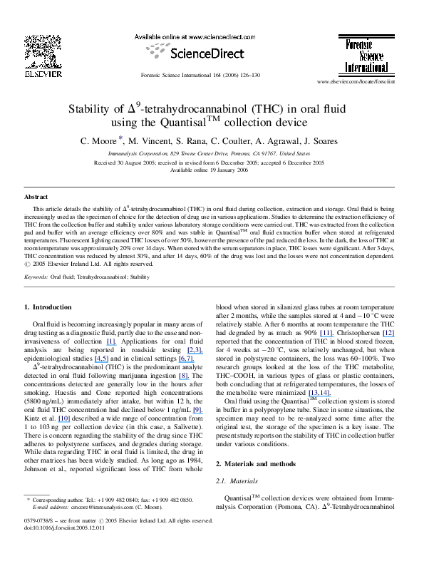 (PDF) Stability of Δ9-tetrahydrocannabinol (THC) in oral fluid using ...